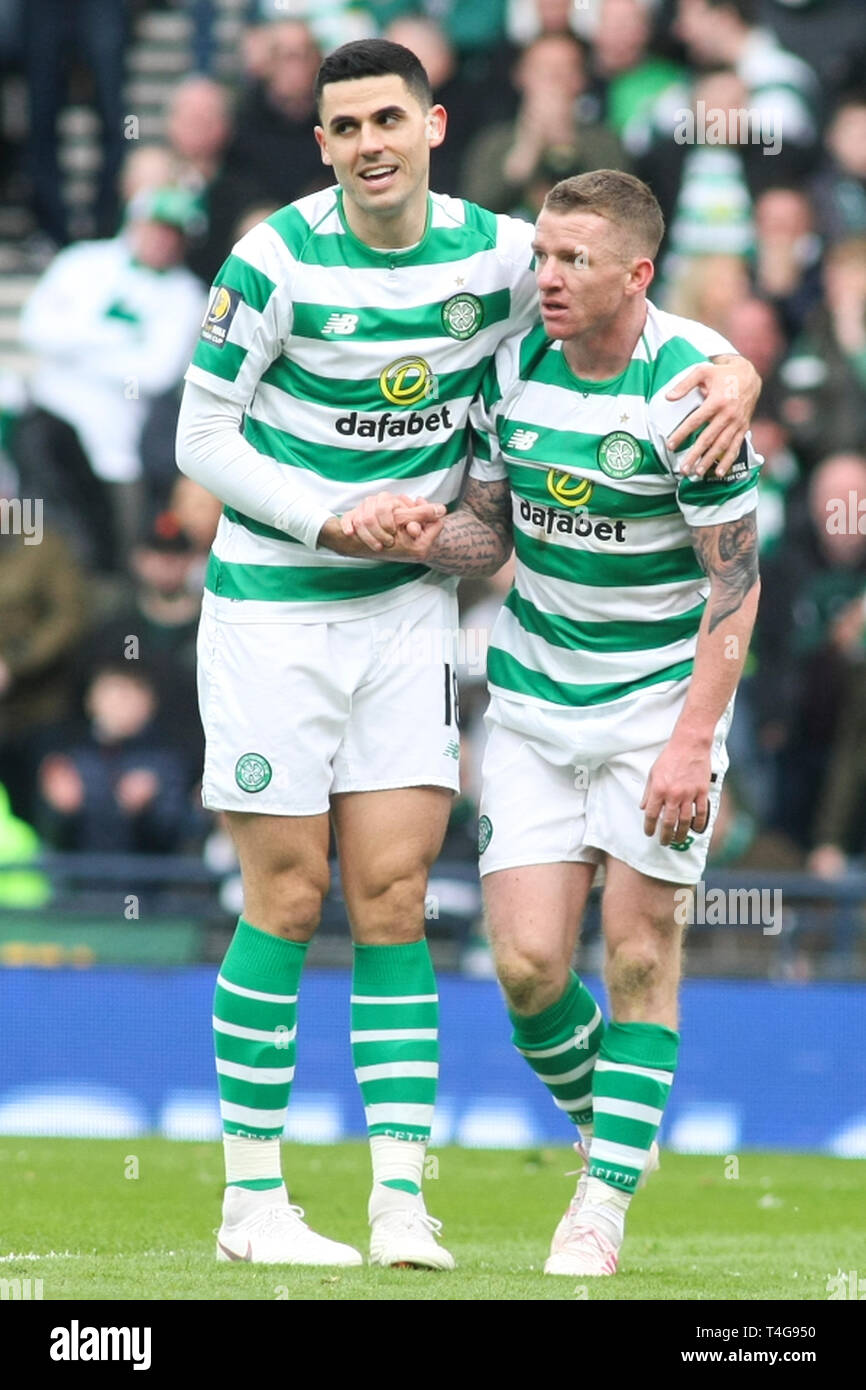 Glasgow, Scotland - April 14. Tomas Rogic of Celtic and Jonathan Hayes ...