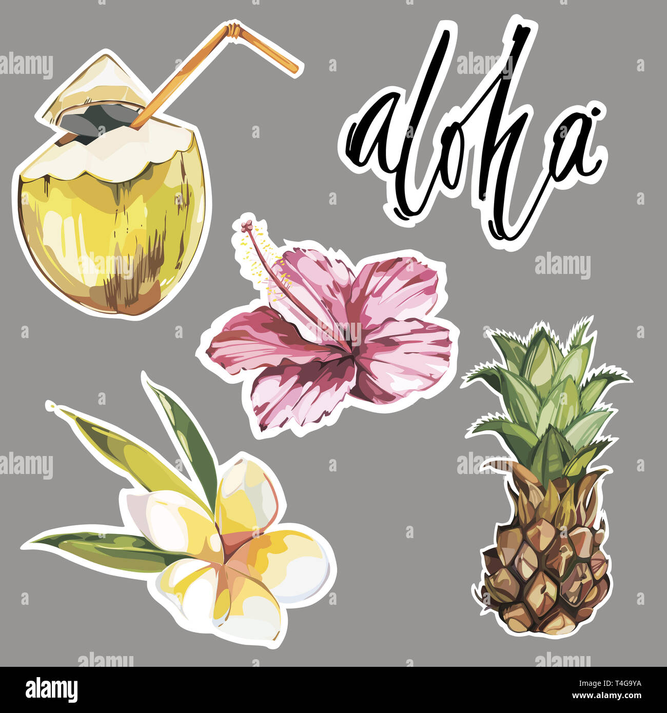 Aloha. Set of cute tropical stickers with flowers, coconut and ...