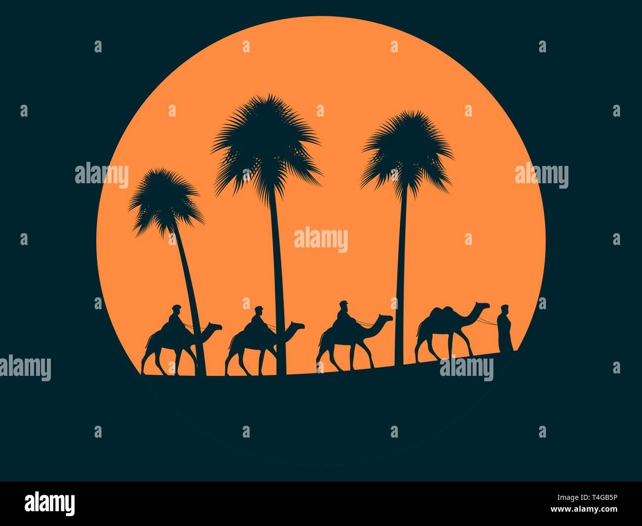 Camel caravan against sunset. Palm trees on the background of the sun ...