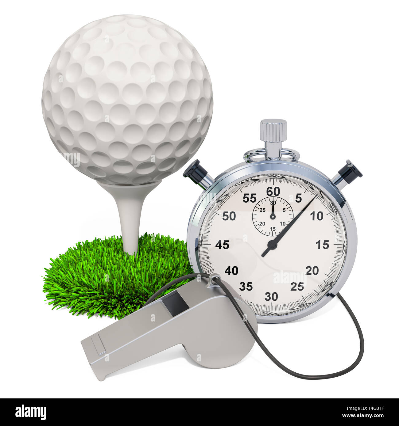 Golf ball with whistle and stopwatch, 3D rendering isolated on white ...