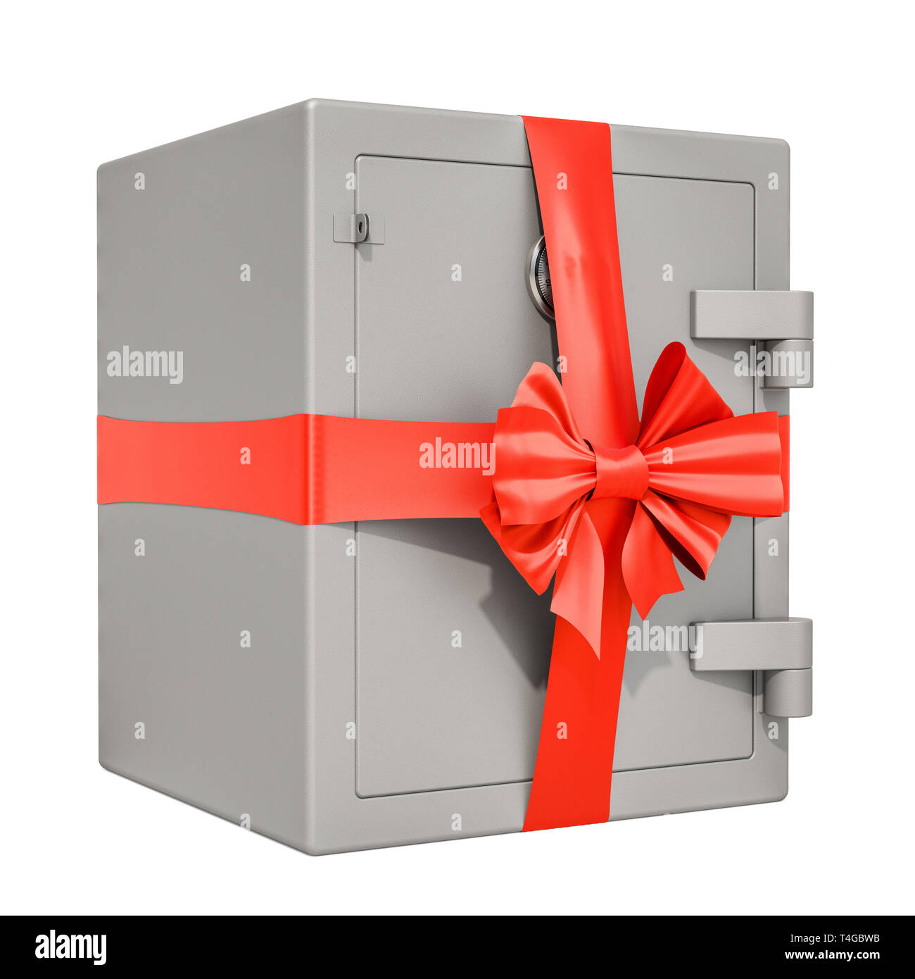 Safe Box with red bow and ribbon, gift concept. 3D rendering isolated ...