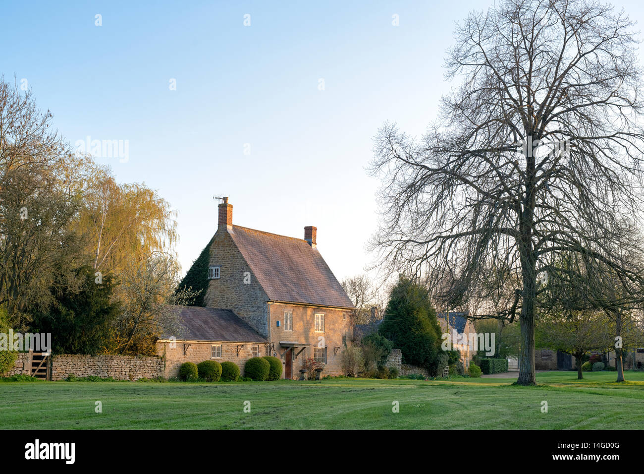 Cottage in the evening spring sunlight in the village of Sutton under ...