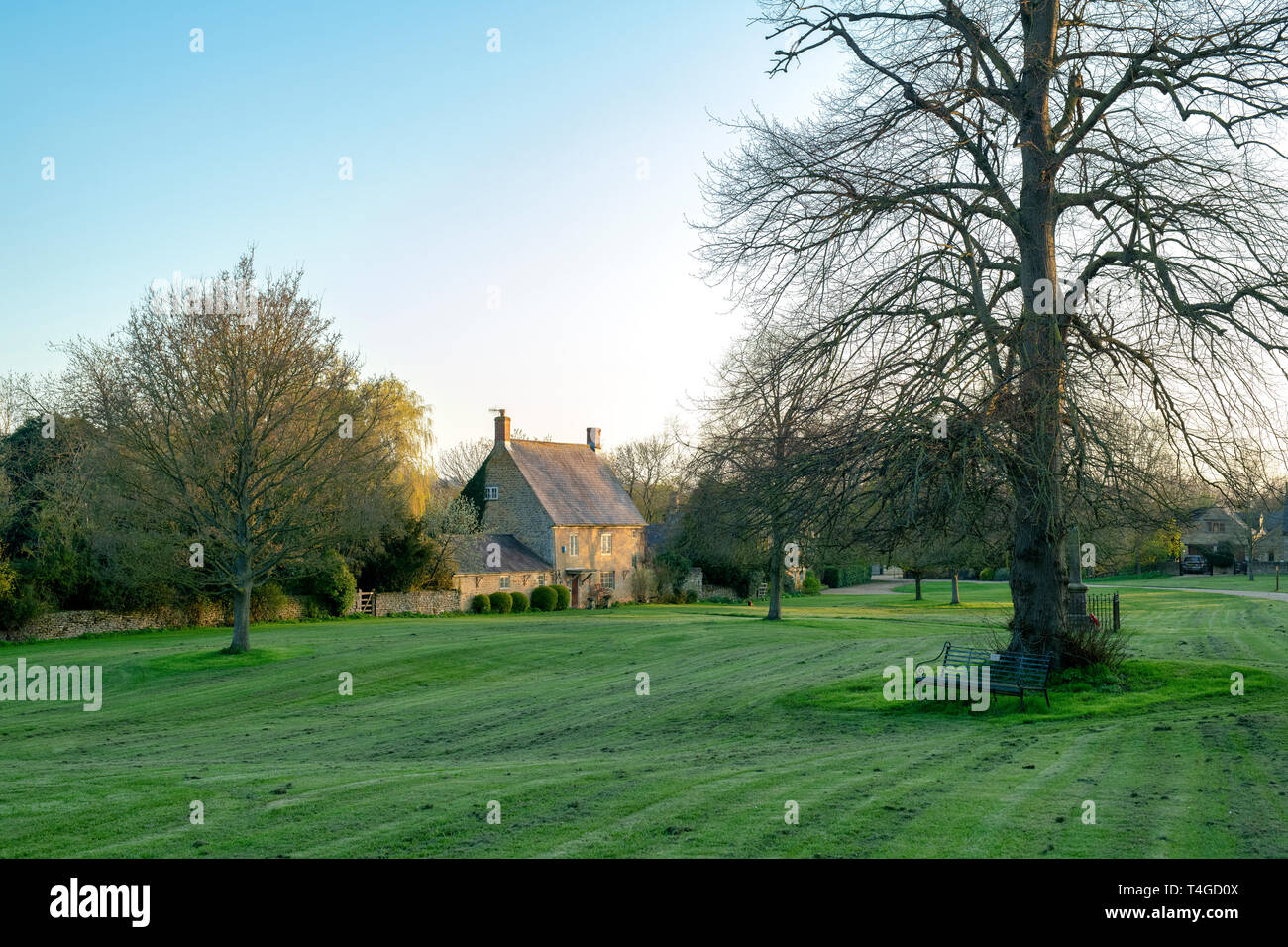 Cottage in the evening spring sunlight in the village of Sutton under ...