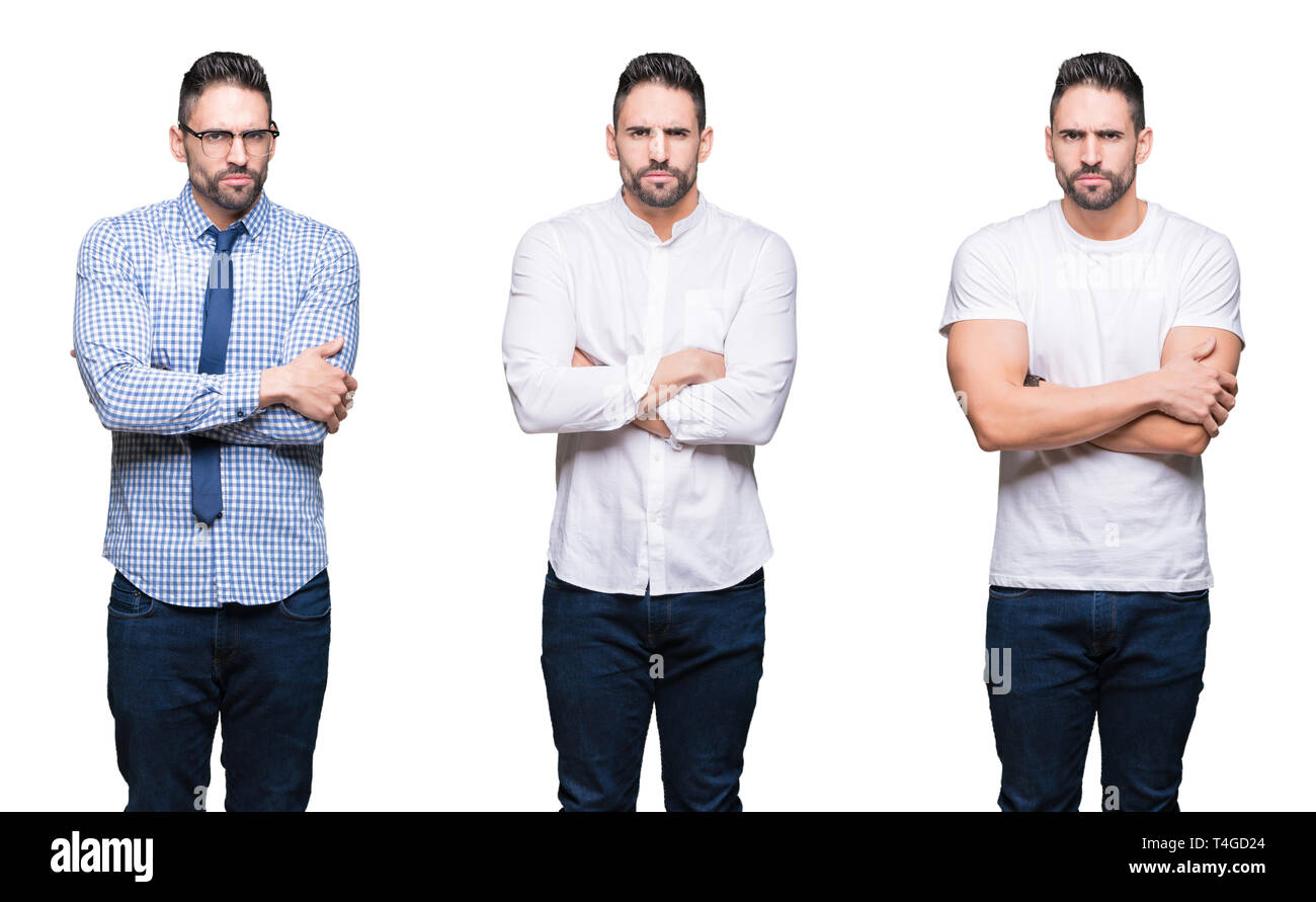 Collage of handsome business man over white isolated background skeptic ...