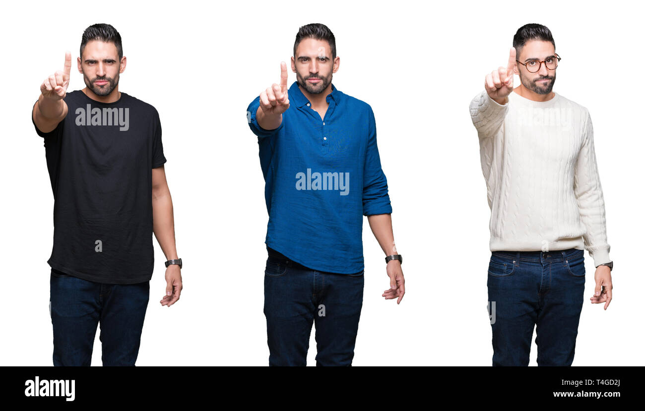 Collage of handsome man over white isolated background Pointing with ...