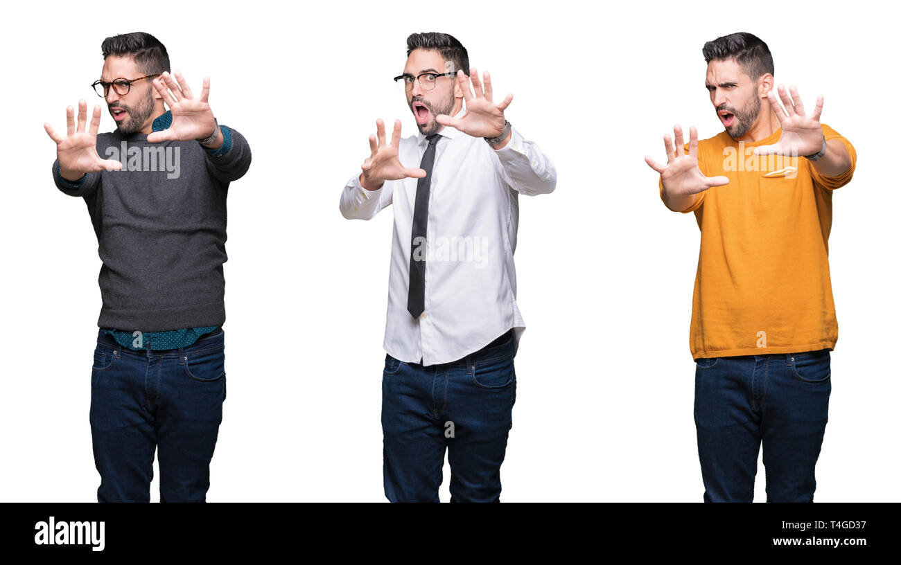 Collage of handsome man over white isolated background afraid and ...