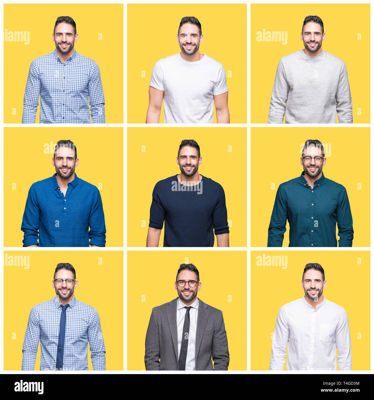 Collage of handsome man over yellow isolated background with a happy ...