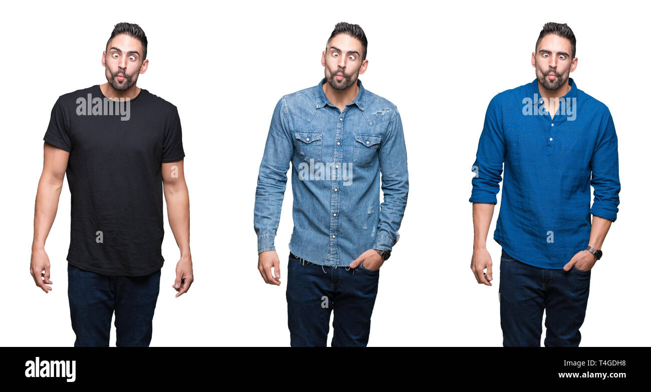 Collage of handsome man over white isolated background making fish face ...