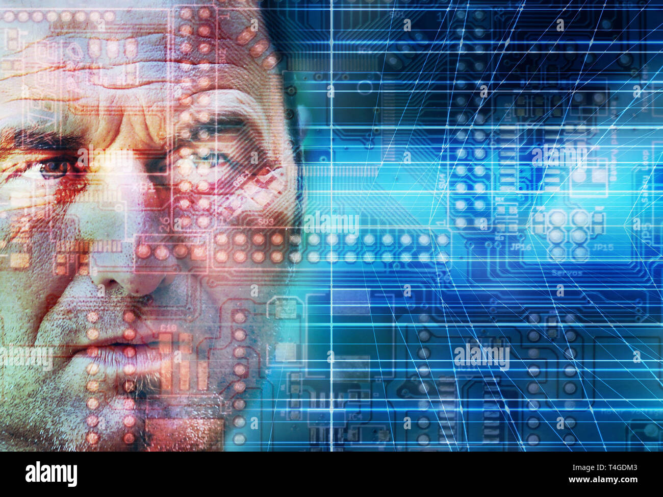 man face and technology background with copy space Stock Photo - Alamy