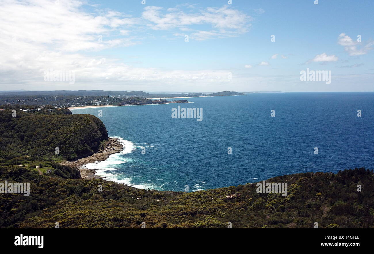 Aerial view of Avoca Beach, Terrigal and Tasman sea. View from Captain ...