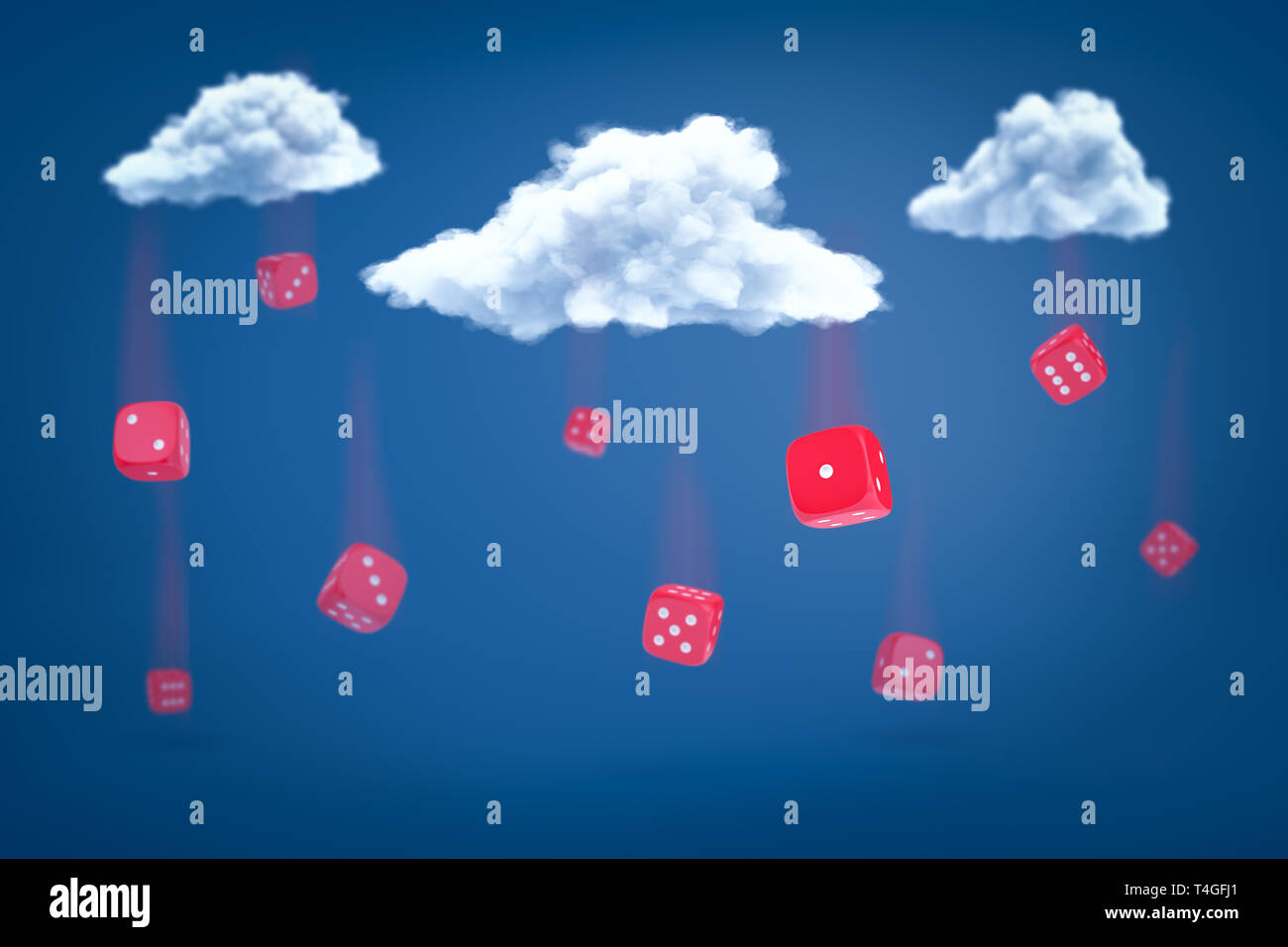 3d rendering of set of red dice falling down from three white clouds on ...