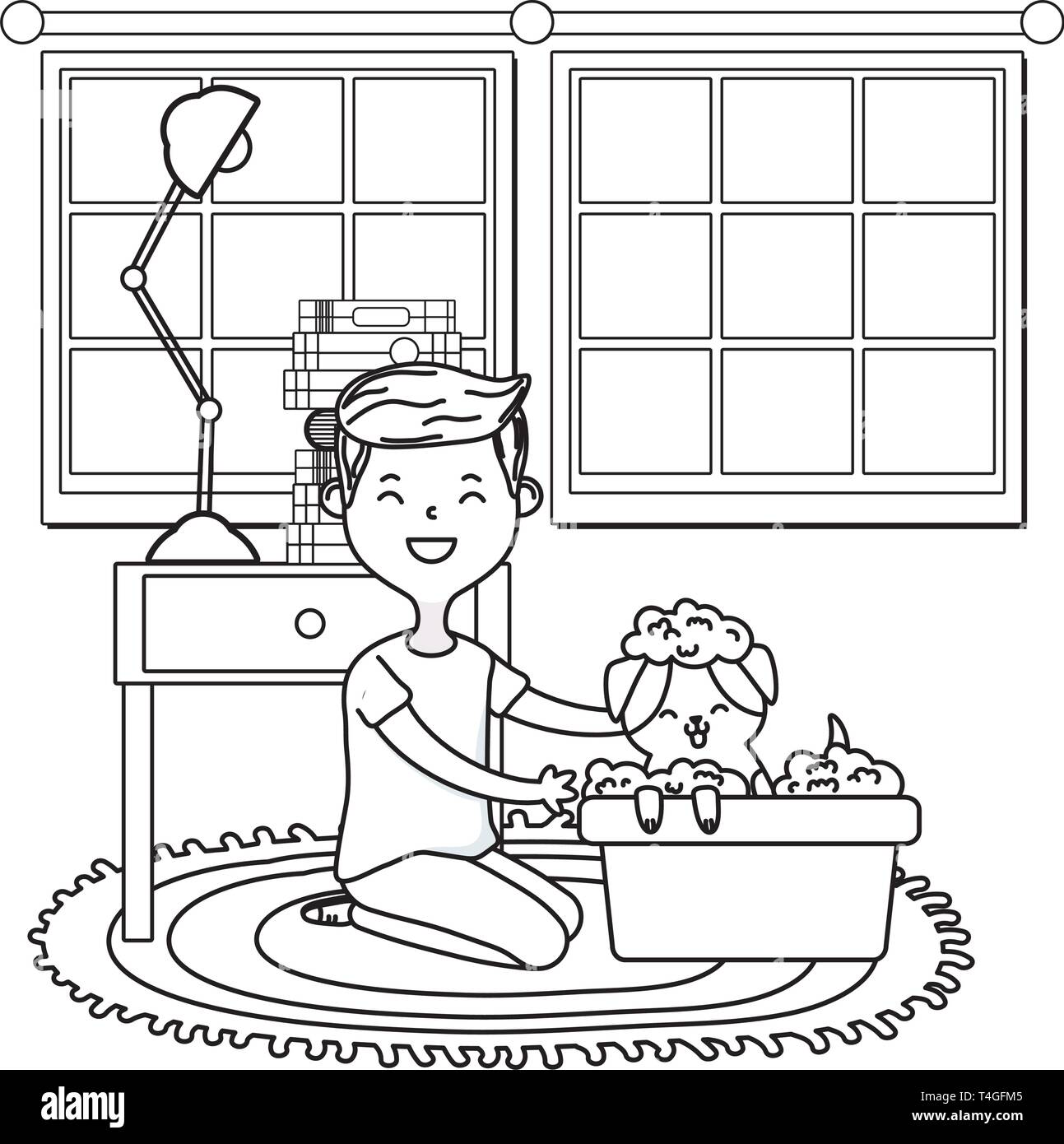 man washing dog avatar cartoon character black and white vector ...