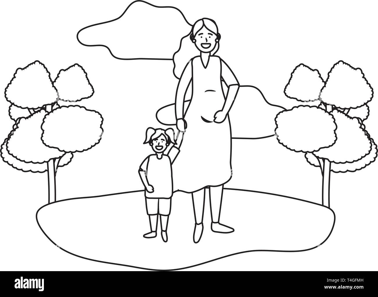 pregnant woman with child avatar cartoon character outdoor in the park ...