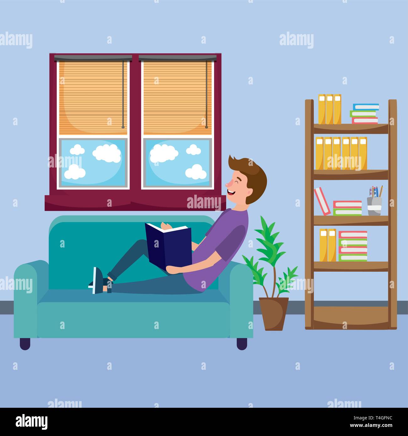 young man relax reading book over couch cartoon vector illustration ...