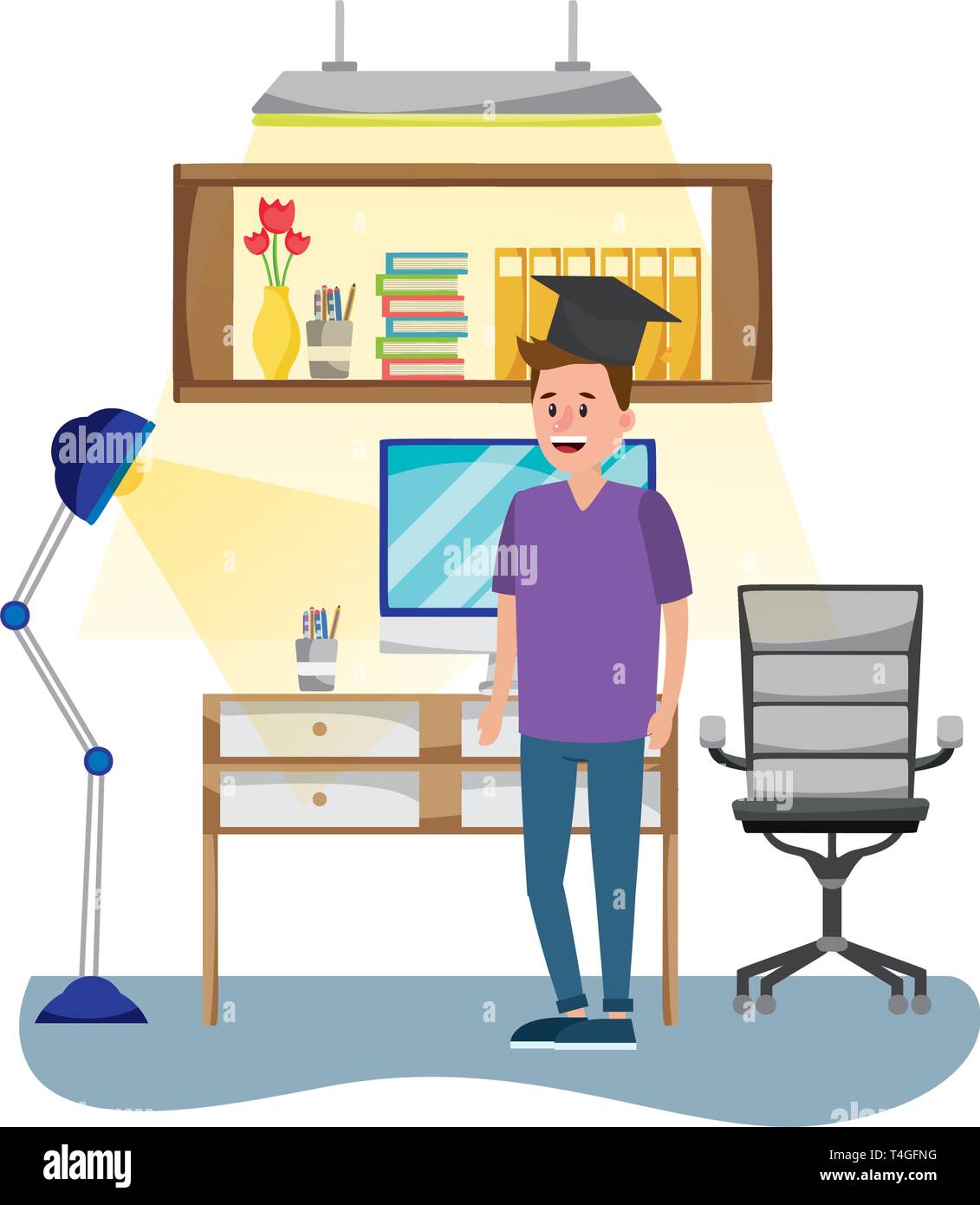 online education man with desk computer cartoon vector illustration ...