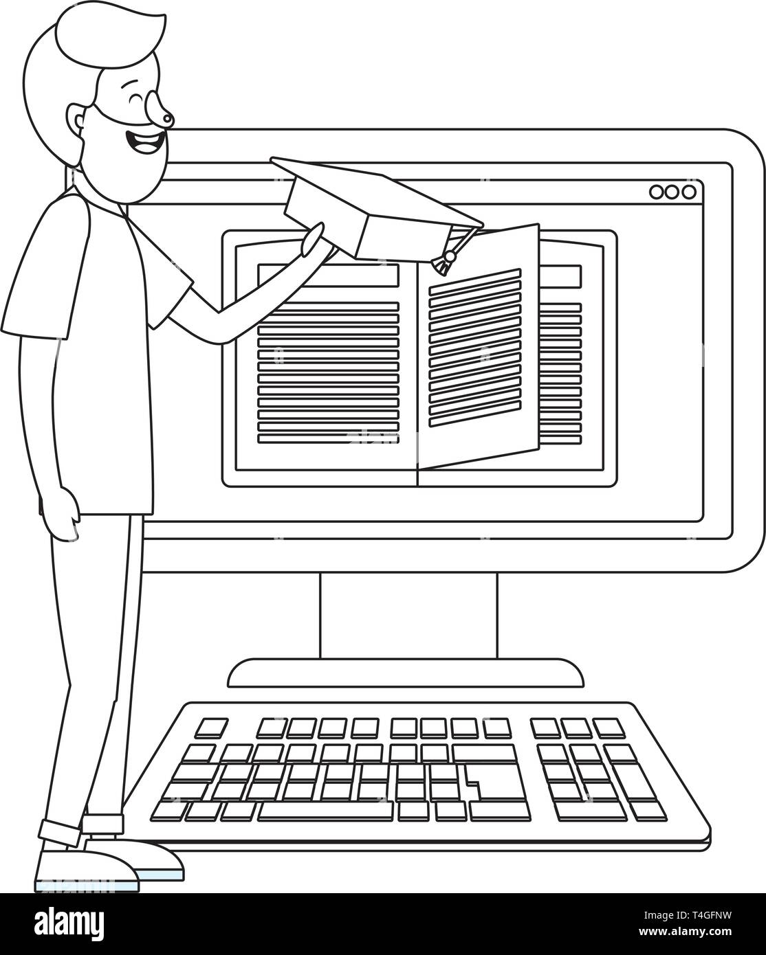 online education man studying with computer cartoon vector illustration ...