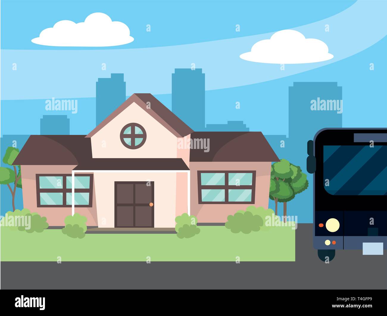 urban house and bus cartoon vector illustration graphic design Stock ...