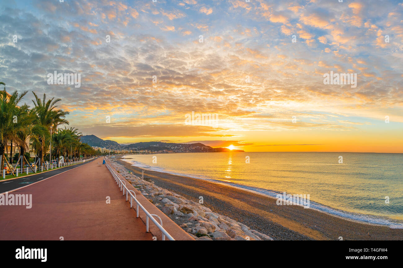 Landscape with colorful sunrise panorama over the bay of Angels, Nice ...
