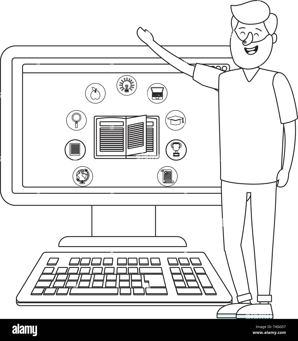 online education man studying with computer cartoon vector illustration ...