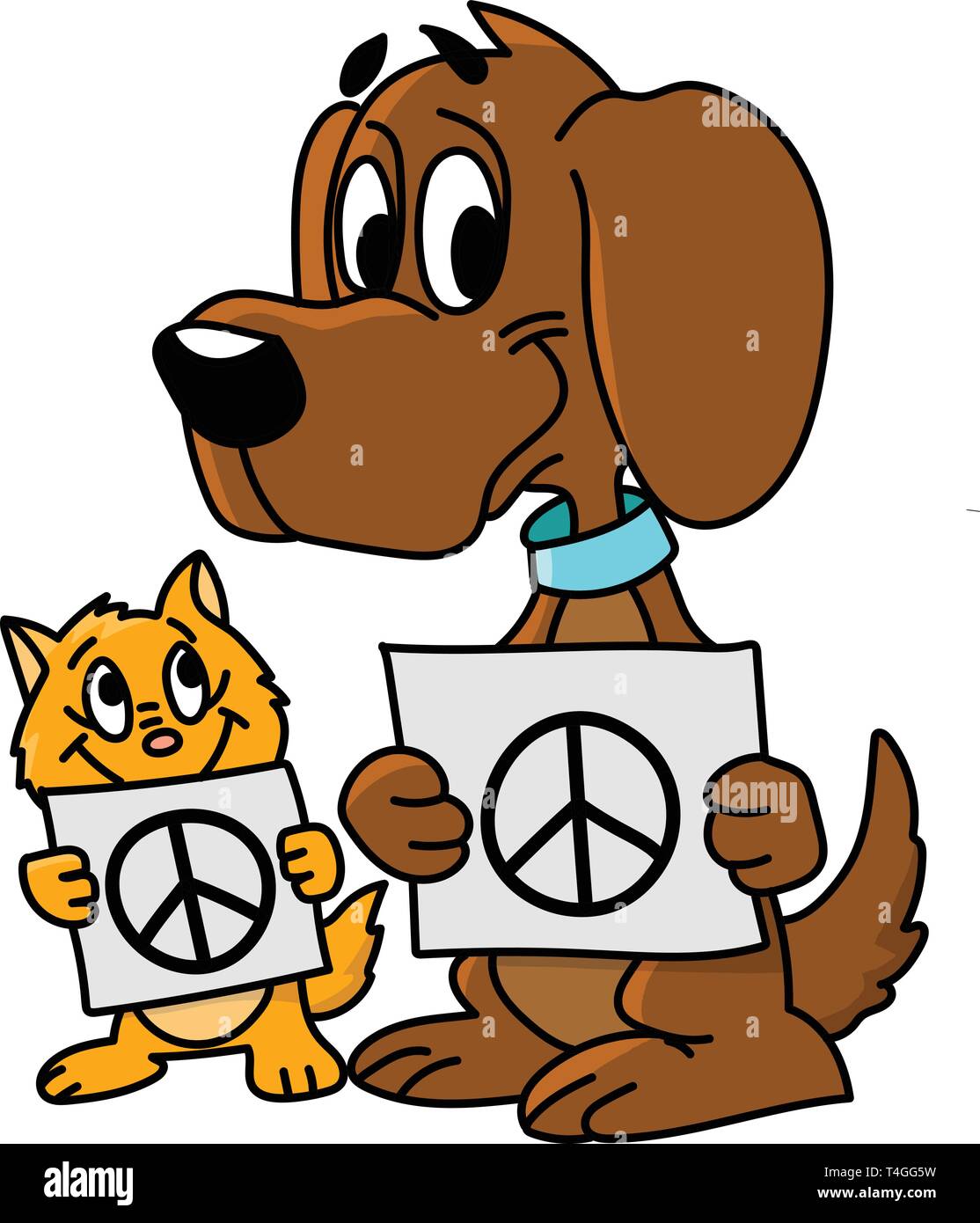 Cartoon cat and dog holding cards with peace symbols on vector ...
