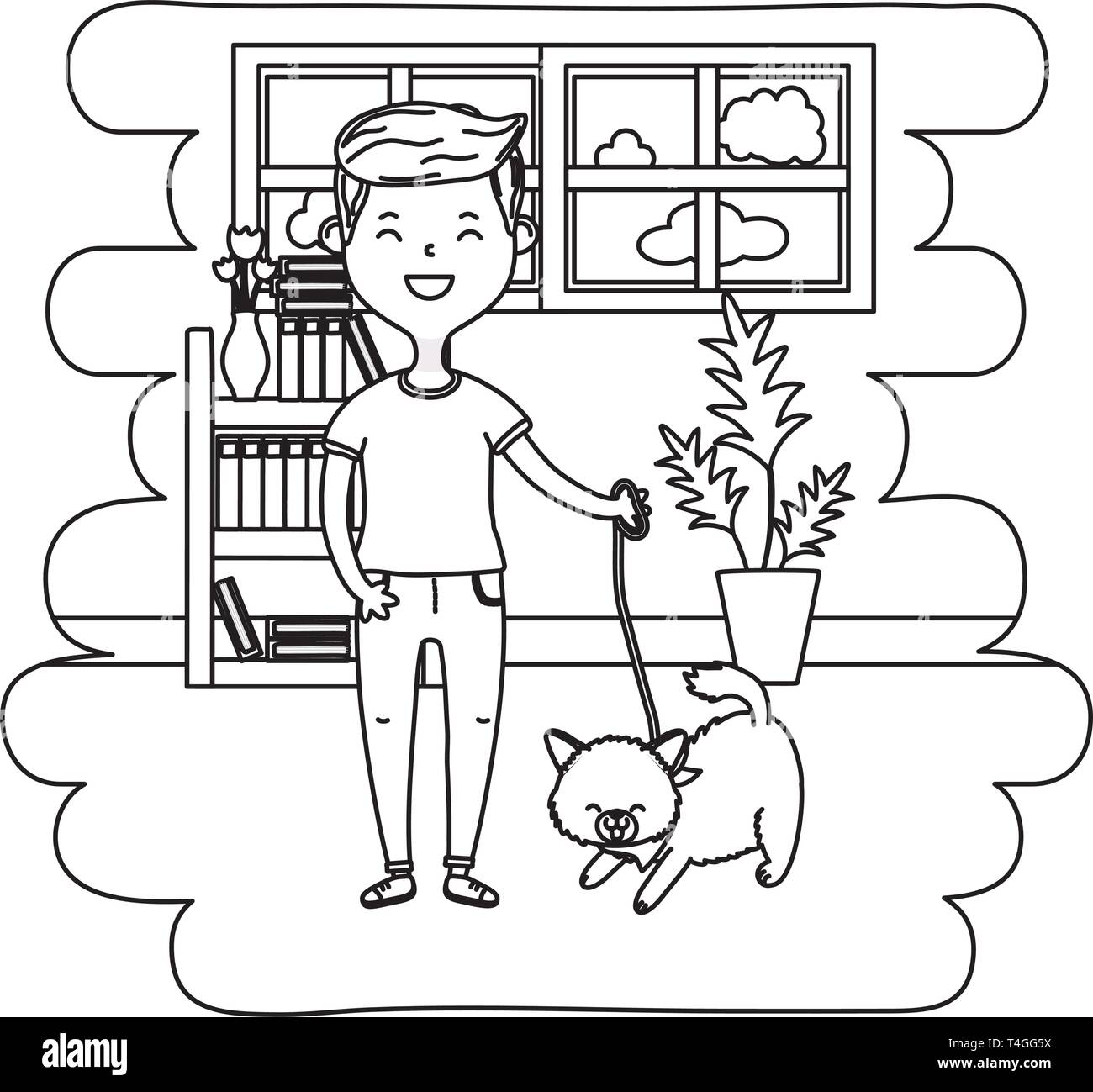 young man with cat avatar cartoon character black and white vector ...