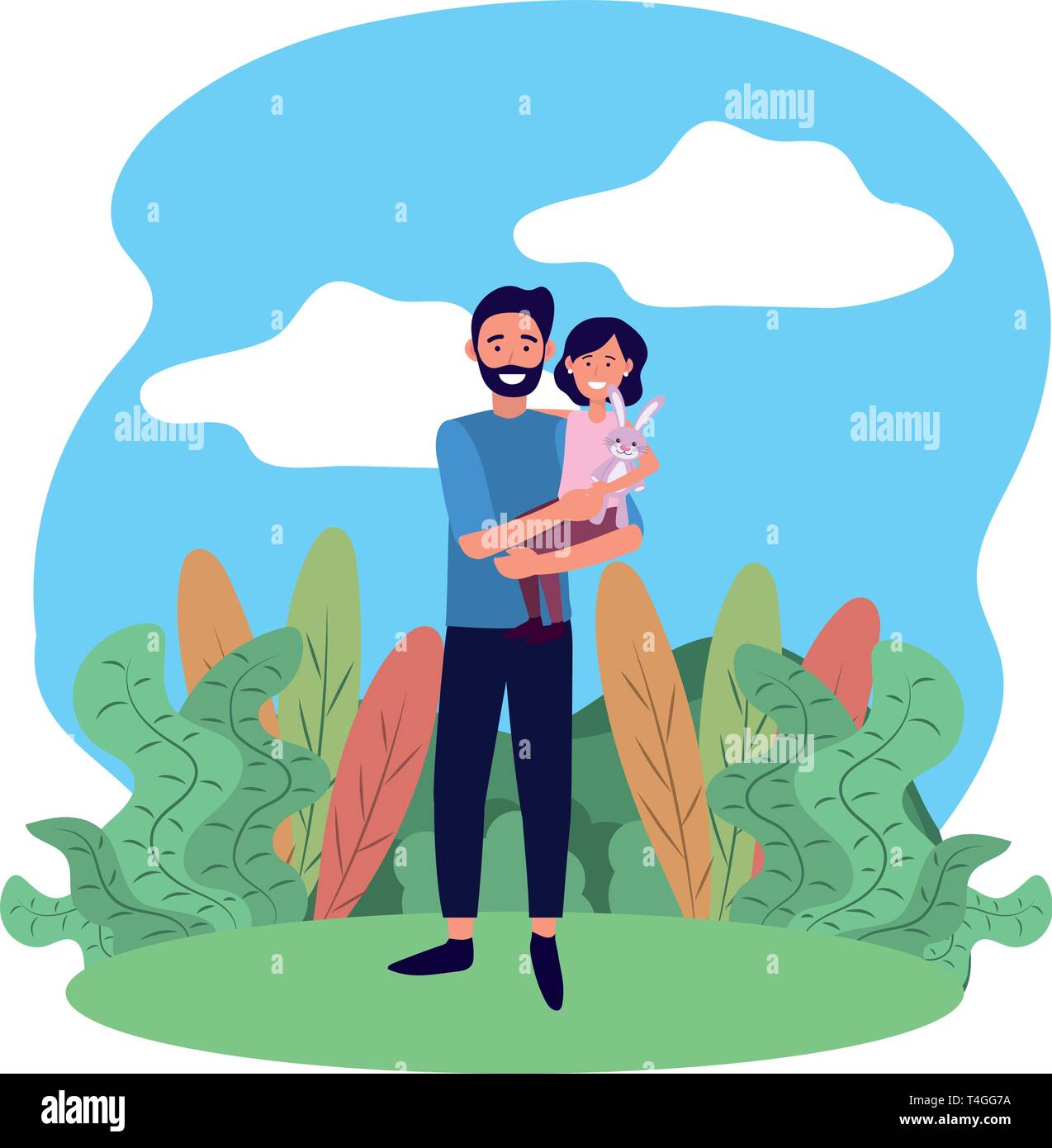 man carrying a child avatar cartoon character park landscape vector ...