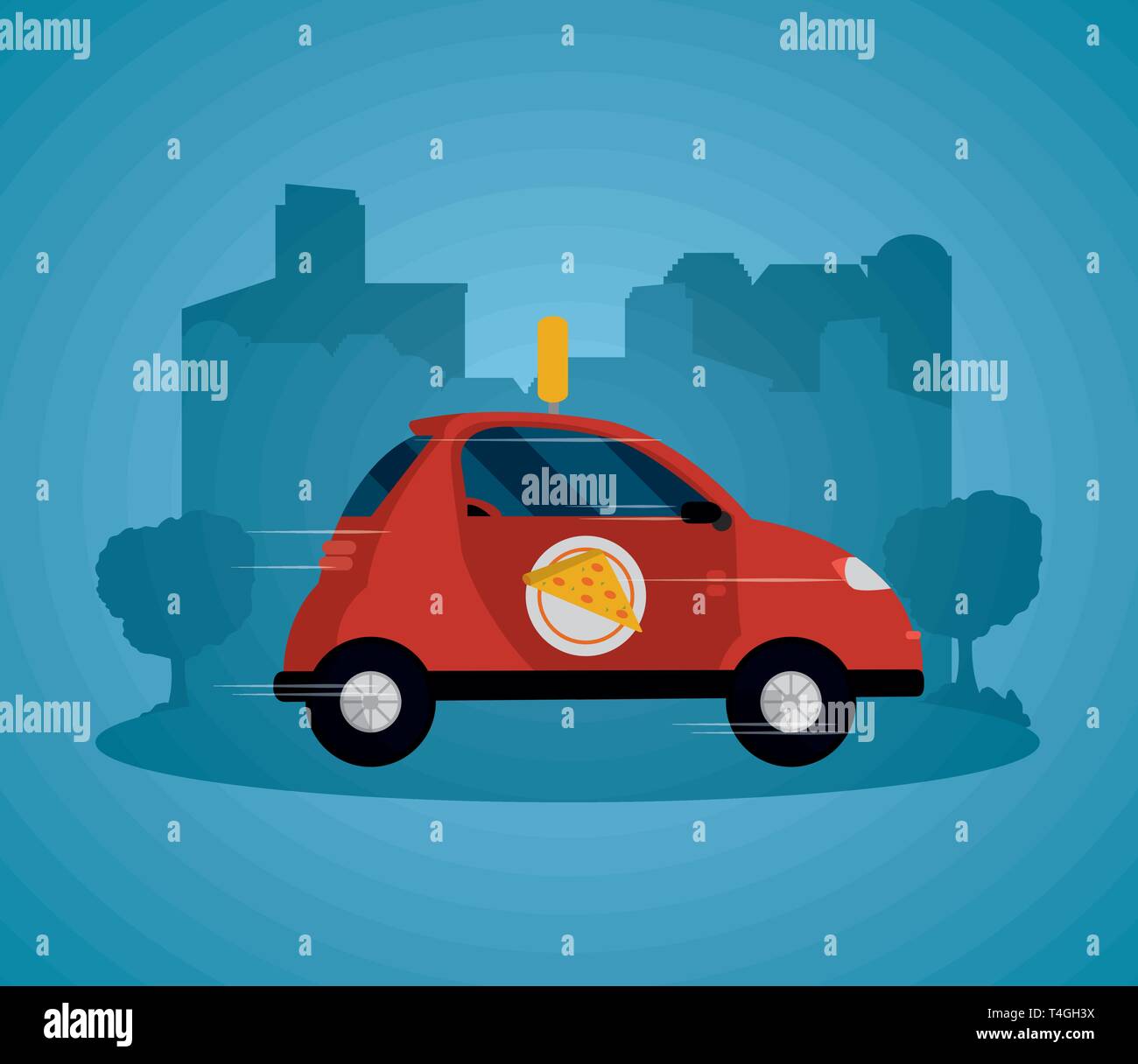 Food order delivery pizza car riding at city vector illustration ...