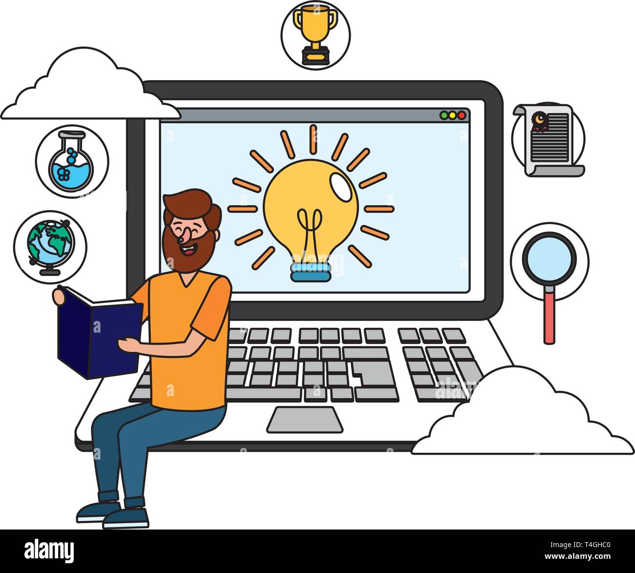 online education man with laptop cartoon vector illustration graphic ...