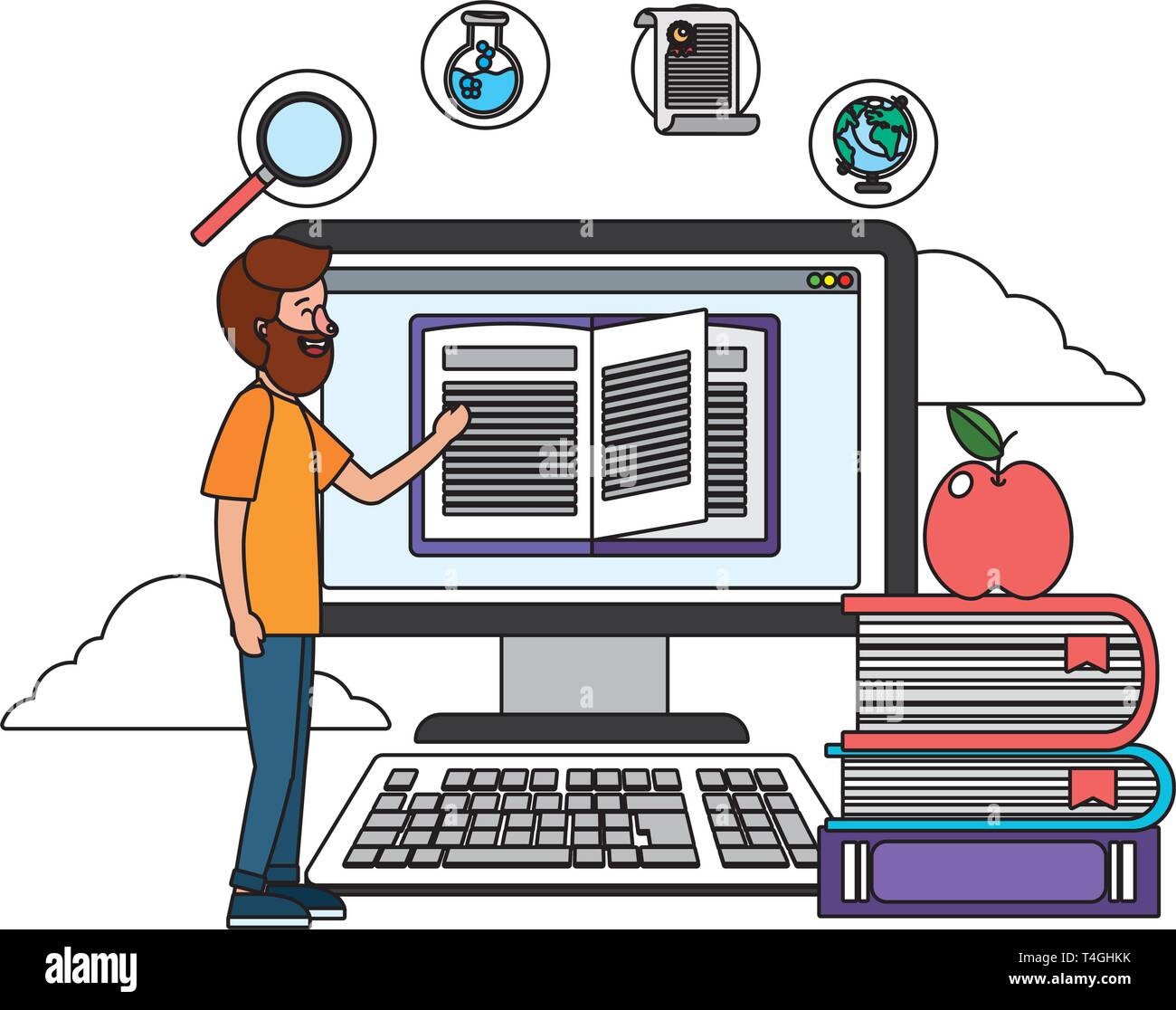 online education man with computer cartoon vector illustration graphic ...