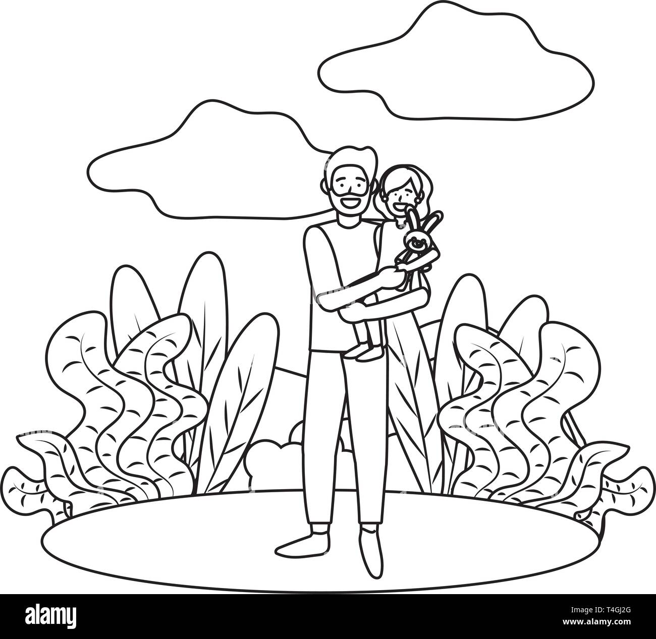 man carrying a child avatar cartoon character park landscape vector ...