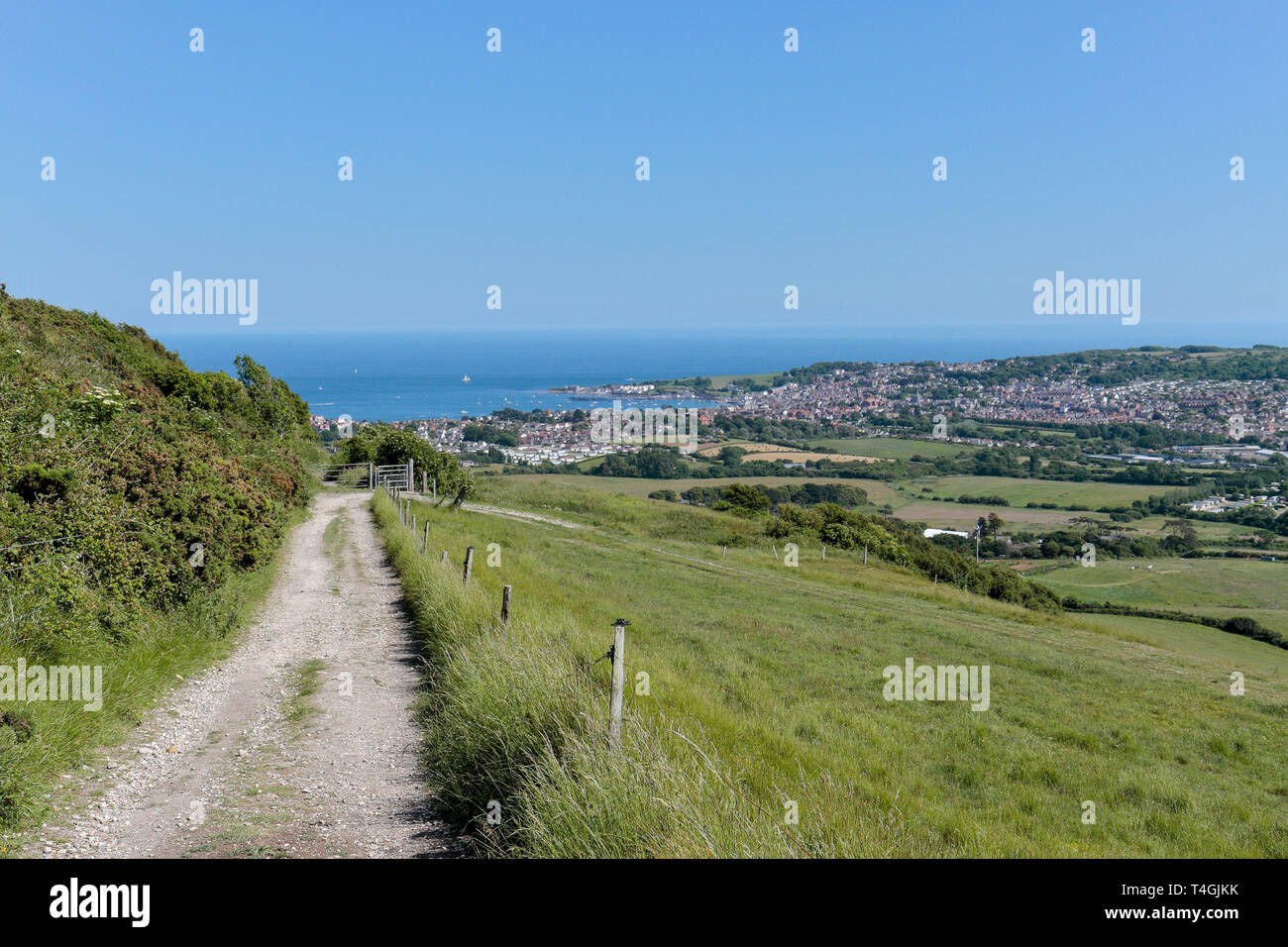 General view along the Purbeck Way towards Swanage and Swanage Bay on ...