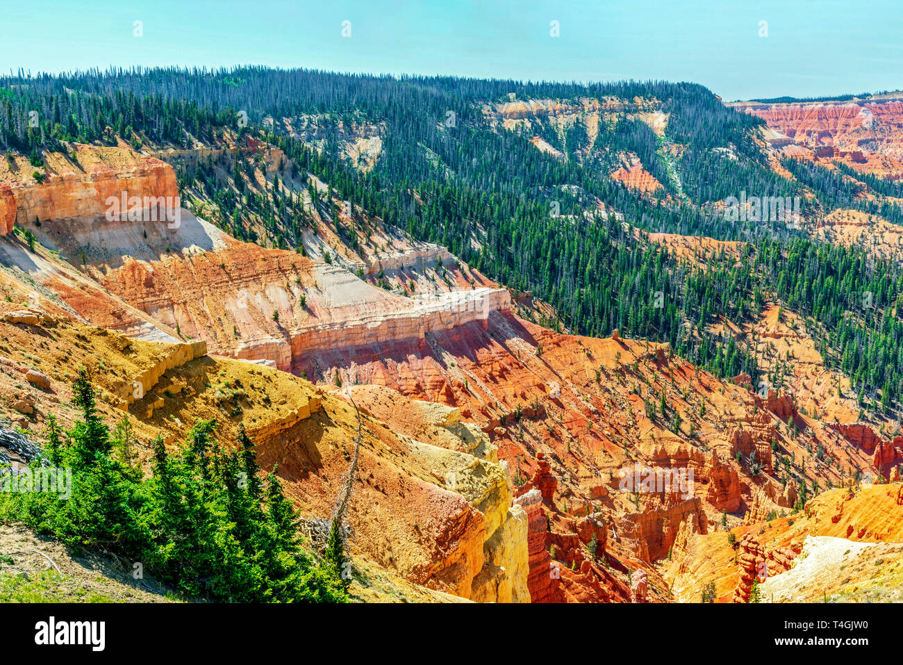 Looking down into a colorful canyon of orange and yellow rock ...