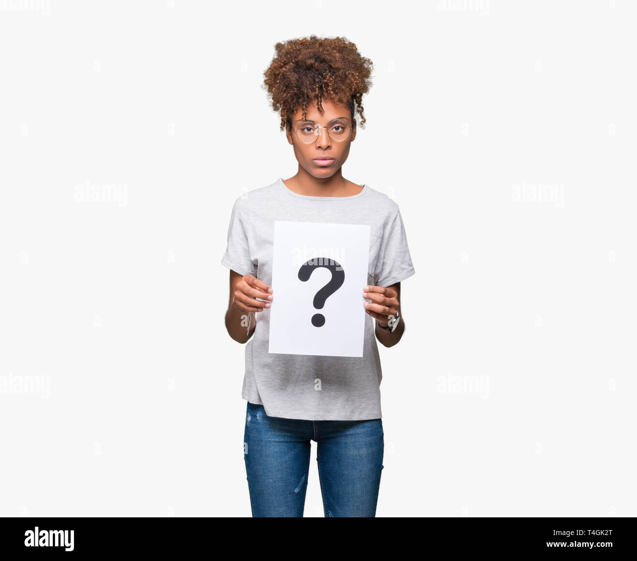 Young african american woman holding paper with question mark over ...