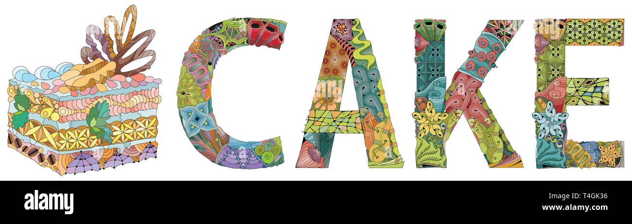 Word CAKE with piece of cake. Vector decorative zentangle object Stock ...