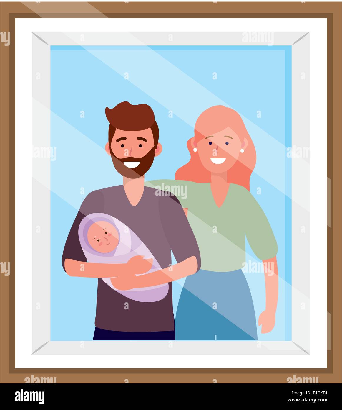 couple with baby avatar cartoon character photo frame vector ...