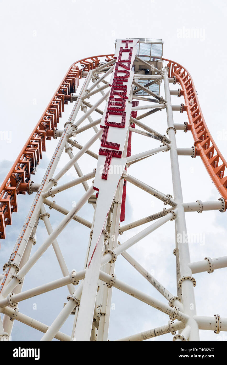 New York City, USA - July 30, 2018: Thunderbolt, a steel roller coaster ...