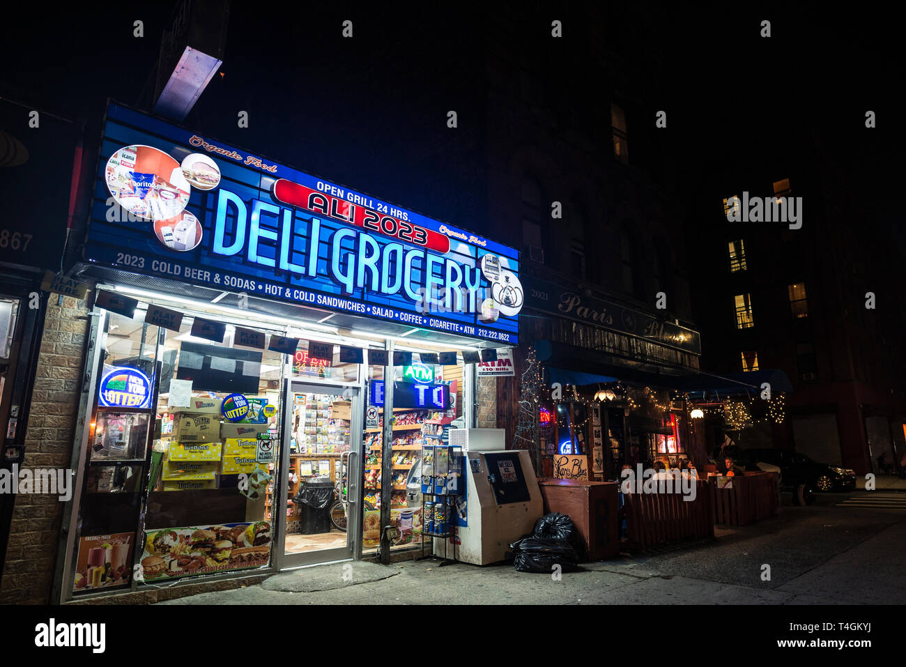 New York City, USA - August 2, 2018: Illuminated display of a grocery ...