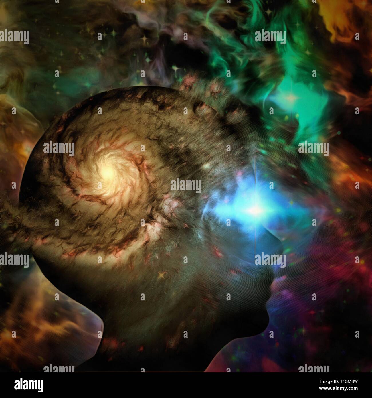 Surreal painting. Vivid universe in woman's head Stock Photo - Alamy