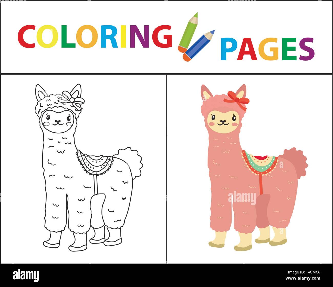 Coloring book page for kids. Cute Lama. Sketch outline and color ...
