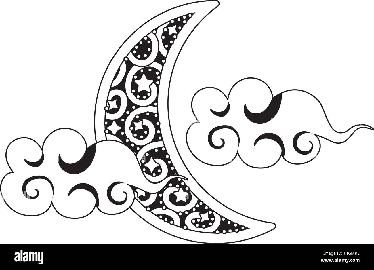 waning moon with clouds icon cartoon black and white vector ...