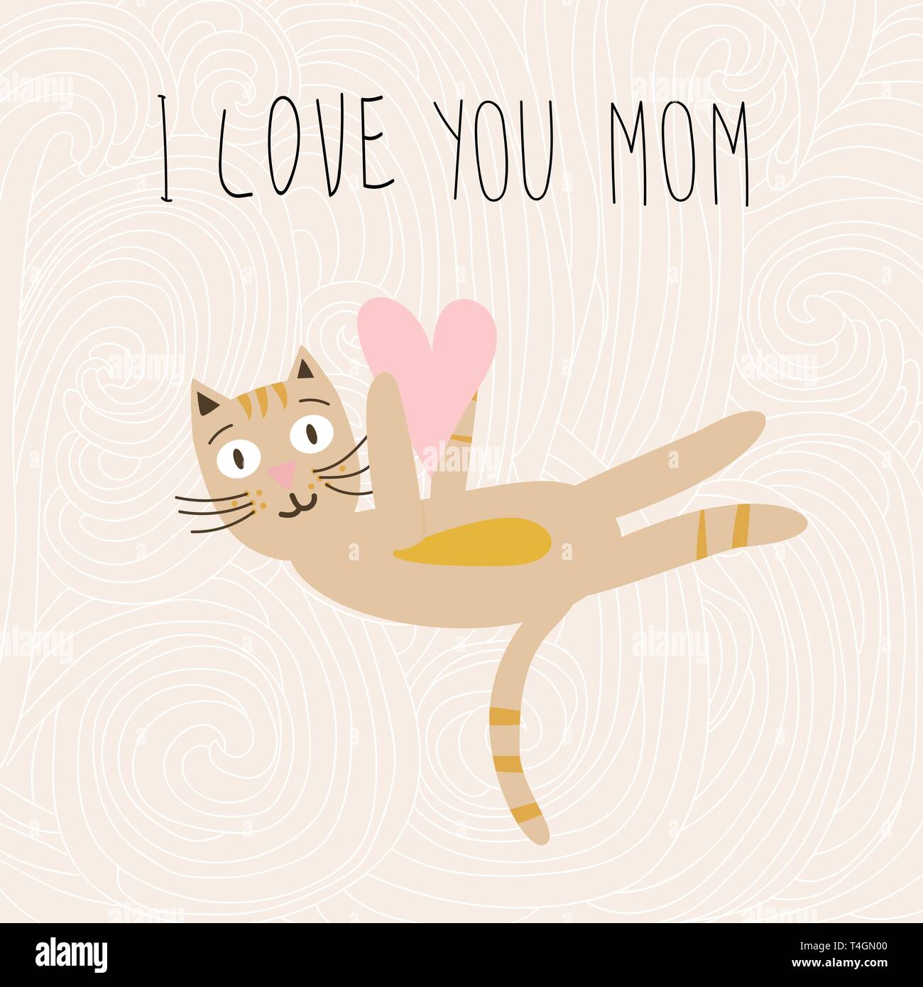 cute cat with a heart and an inscription I love you Mom. Drawn cute ...