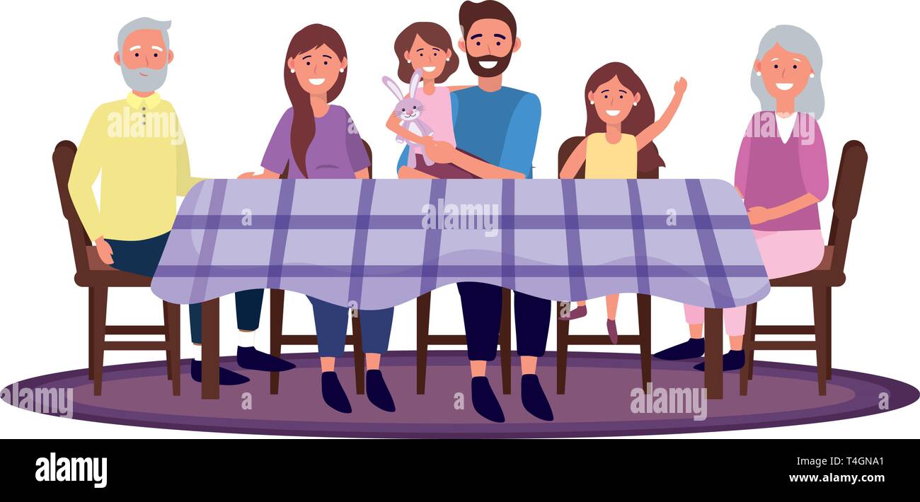 family in the table avatar cartoon character sitting vector ...