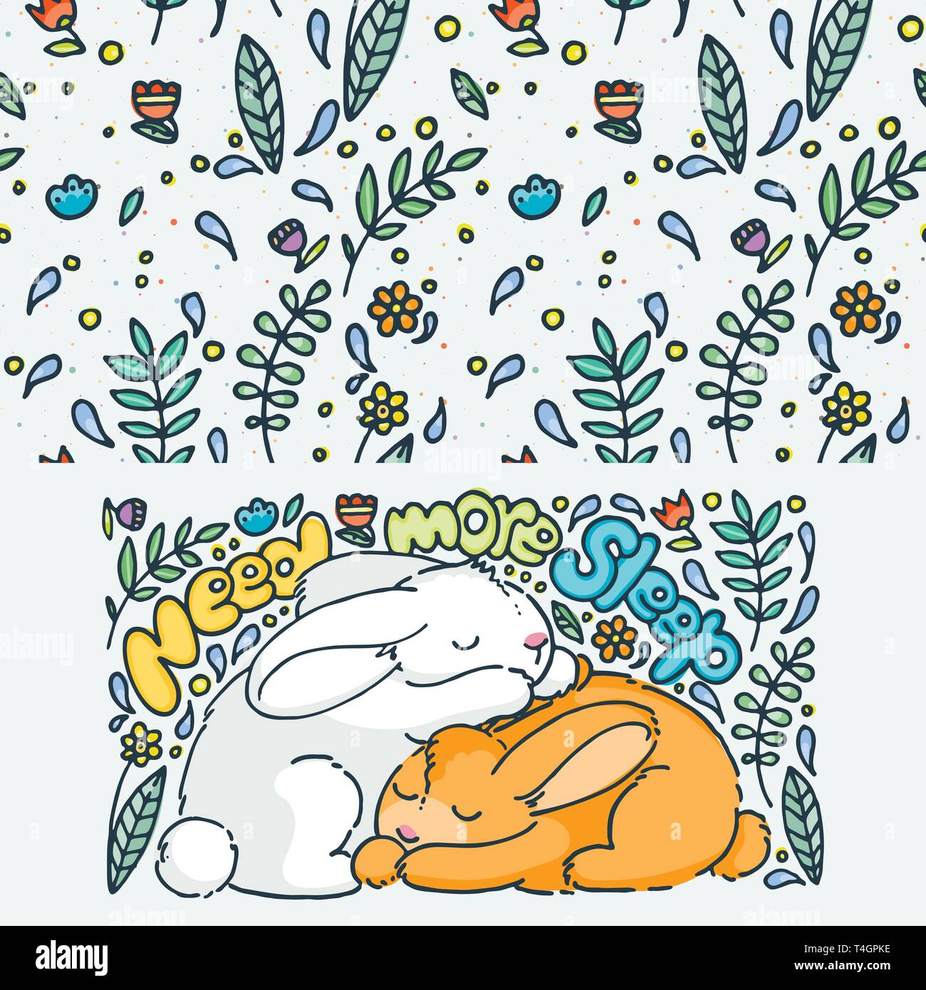 Need more sleep. Set of cute cartoon animal and seamless pattern ...