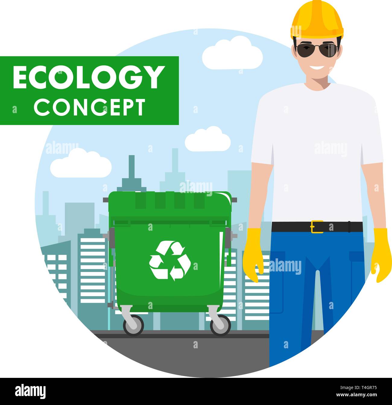Ecology concept. Detailed illustration of garbage man in uniform and ...