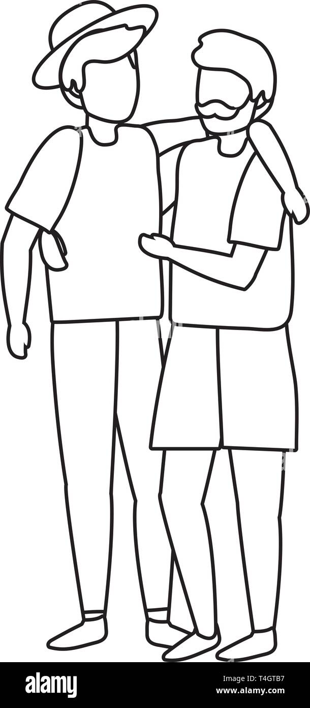 young men friends hugging cartoon vector illustration graphic design ...