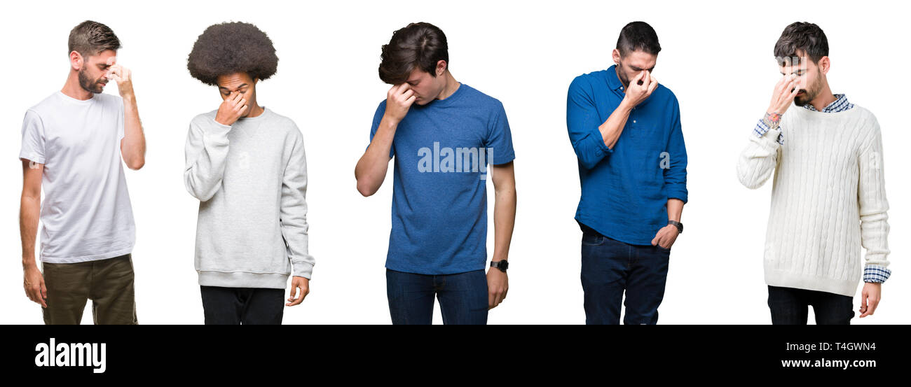 Collage of group of people over white isolated background tired rubbing ...