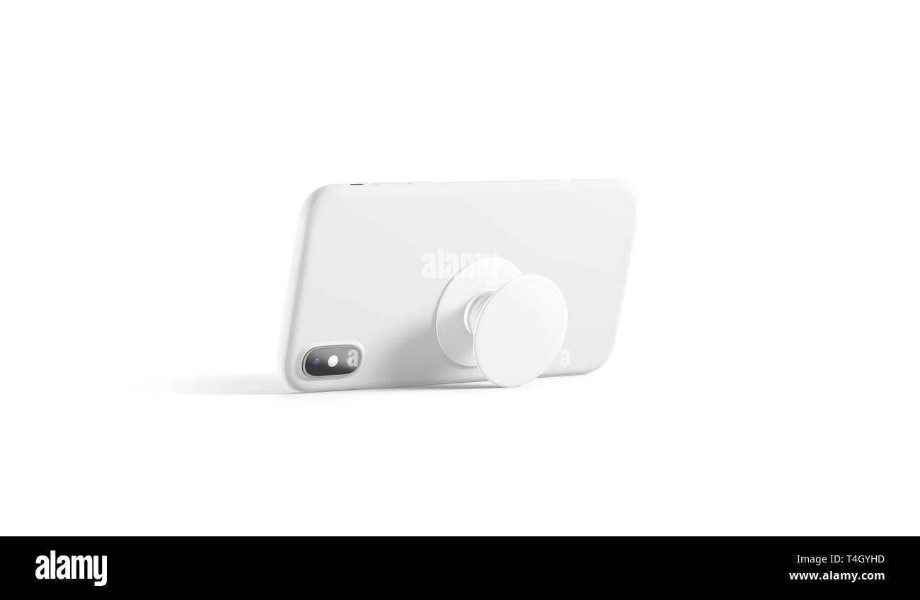 Blank white phone pop socket sticked on mobile mockup, isolated, side ...
