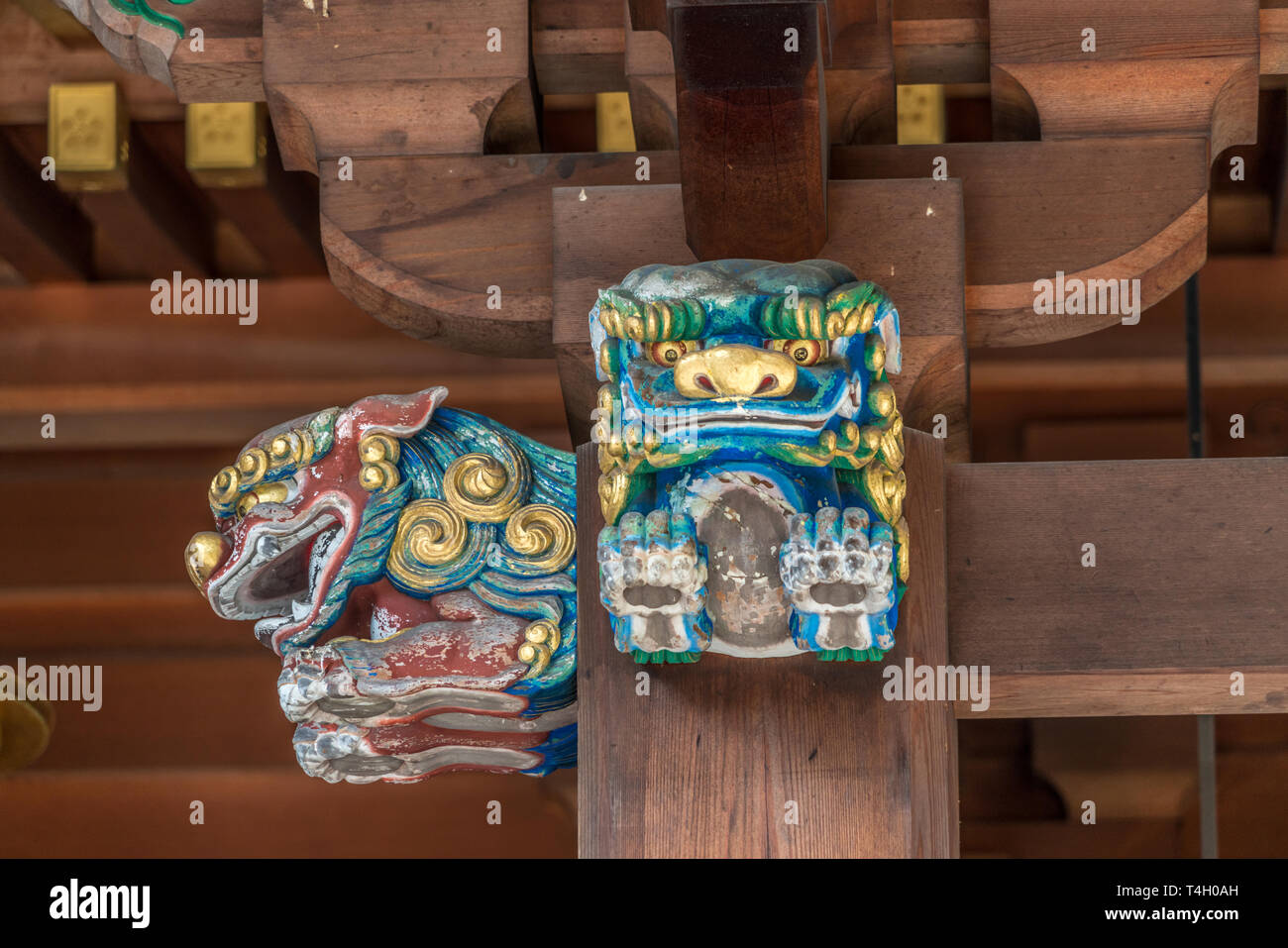 Shishi (Lion Guardian) at Honden (Main Hall) of Yushima Tenmangu or ...