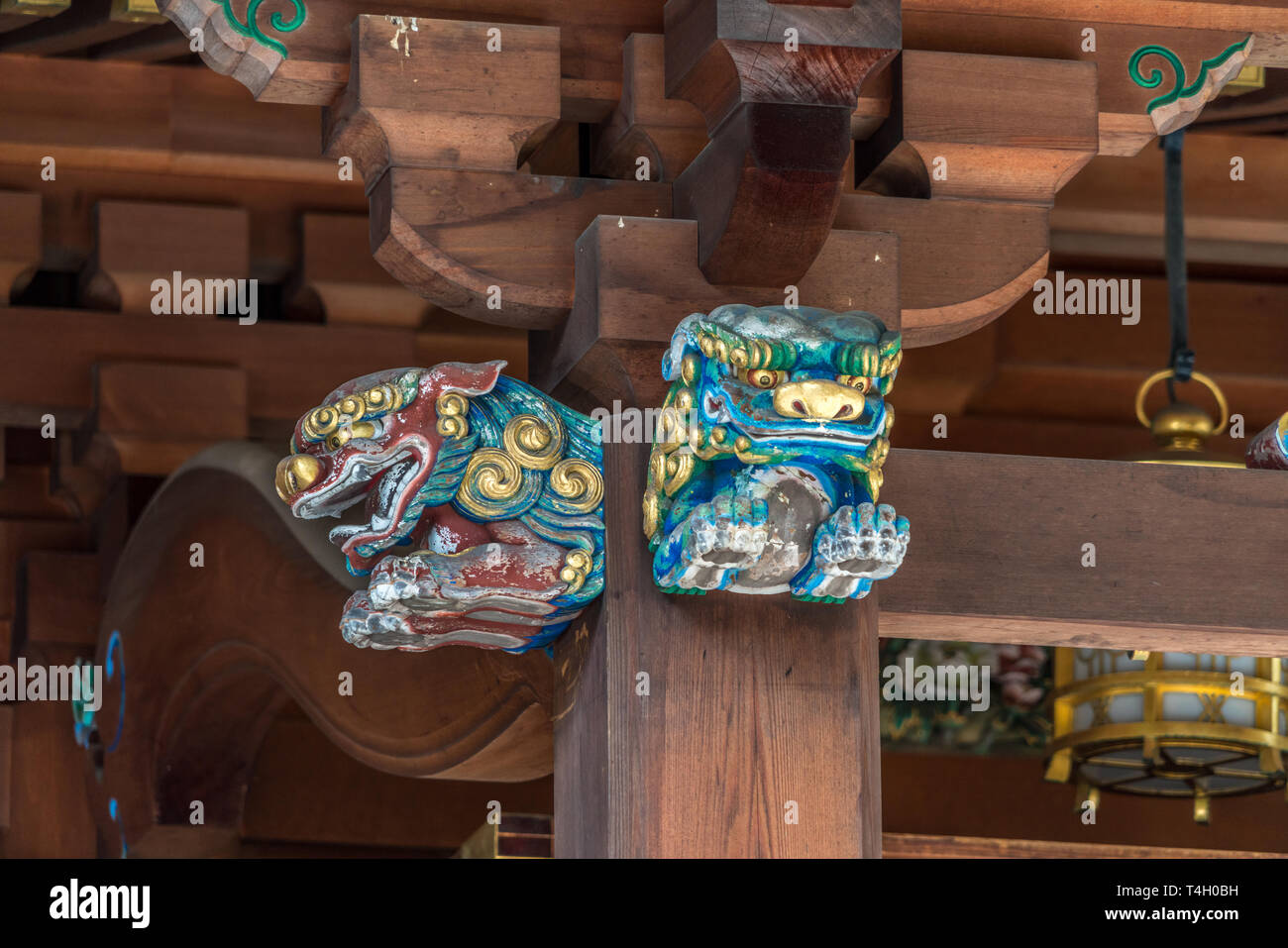 Shishi (Lion Guardian) at Honden (Main Hall) of Yushima Tenmangu or ...