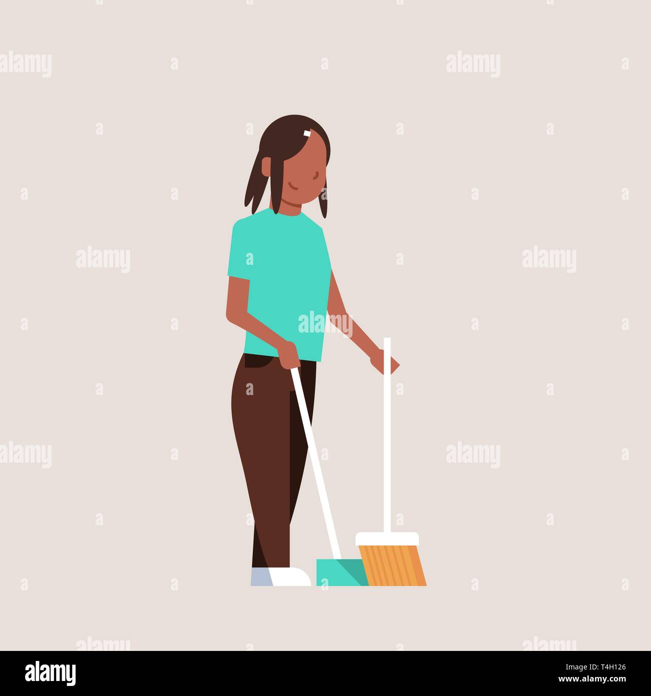 housewife sweeping floor with broom and scoop african american girl ...